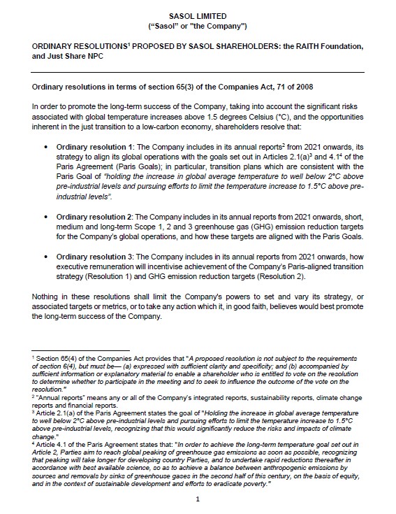 Sasol climate risk ordinary resolution 4 - Just Share